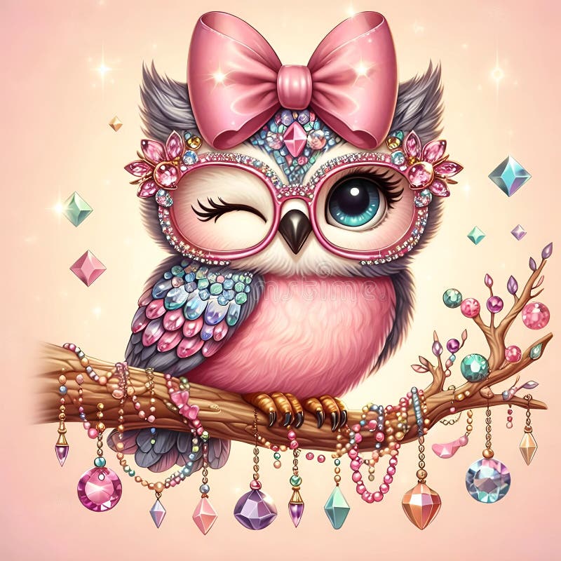 A Playful Owl Adorned with Sparkling Glasses and a Pink Bow, Winking ...