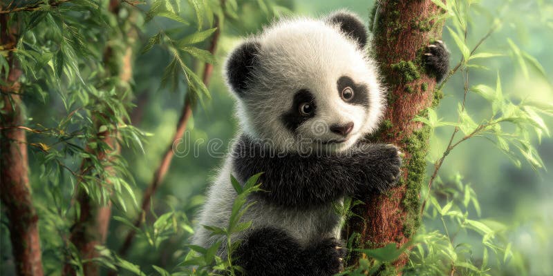 A Panda Cub Climbing a Tree in a Lush Green Forest Stock Illustration ...