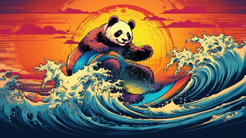 Playful Panda Surfing Waves at Sunset in Vibrant, Colorful Illustration ...