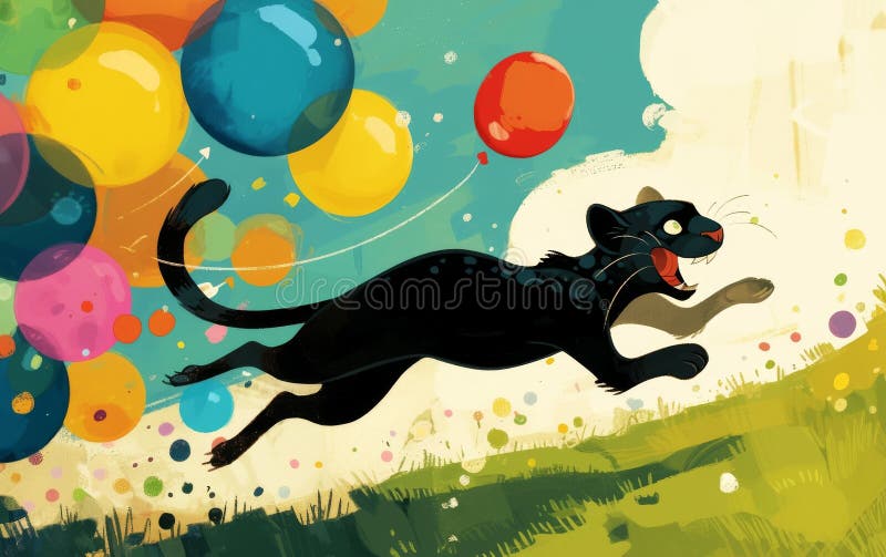 A Playful Panther Bounding with Balloons Bouncing Behind Stock ...