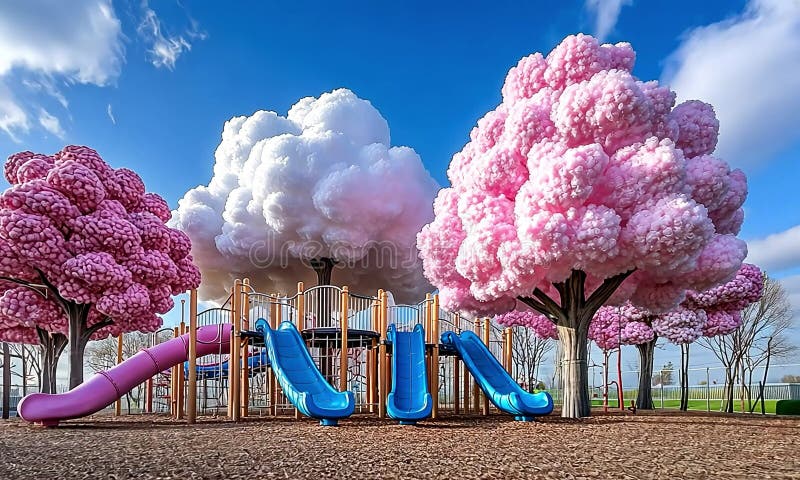 Playful Park with Whimsical Cloud and Pink Blossom Trees, Featuring ...