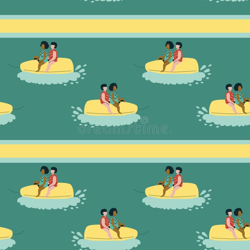 Playful Pattern of Diverse Children on Water Tubes in Teal and Yellow Stock Vector ...