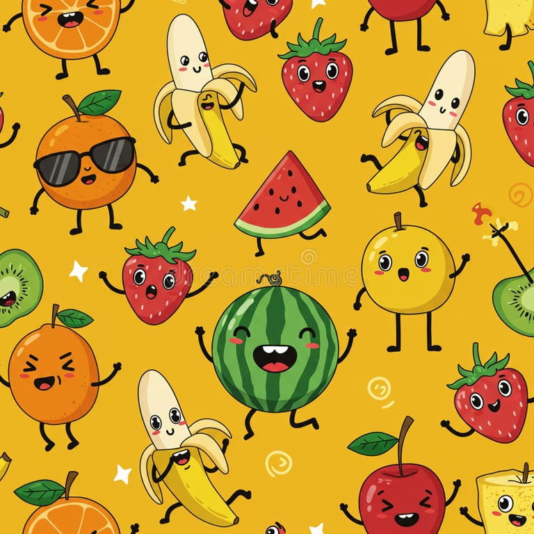 Playful Pattern Featuring Animated Fruit Characters with Smiling Faces ...