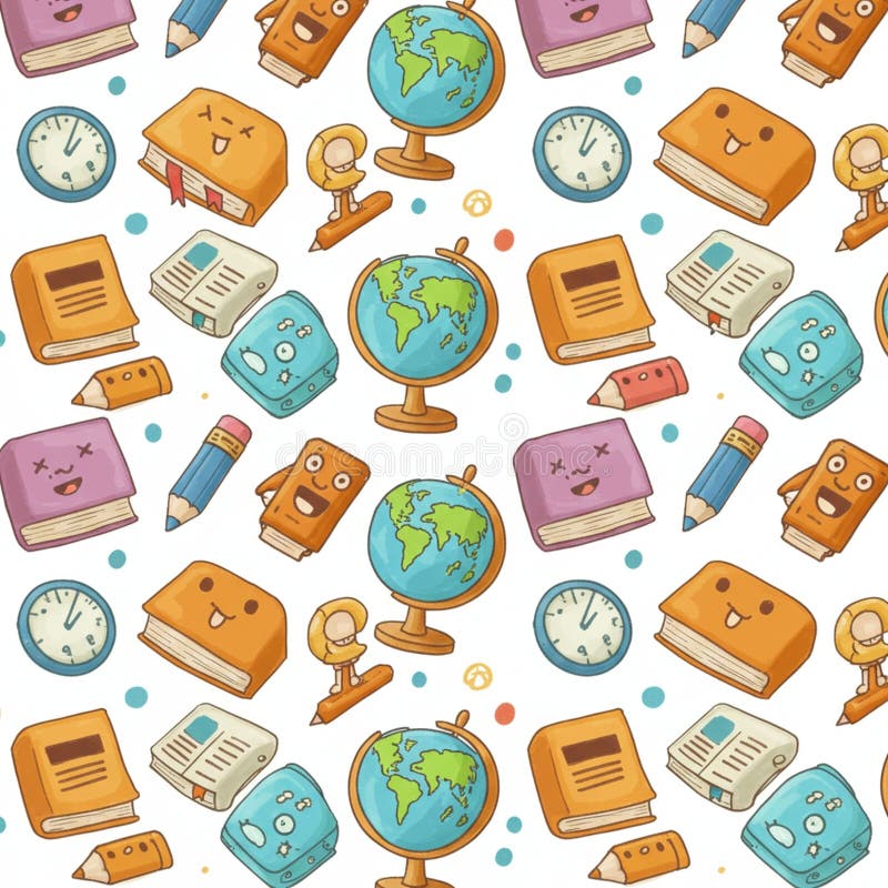 Playful Pattern Featuring Cartoon-style Educational Items on a White ...