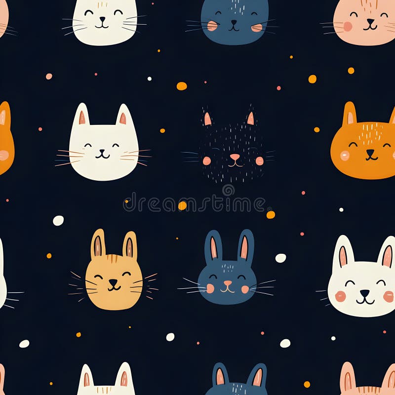 A Playful Pattern Featuring Cute Animal Faces, Ideal for Fabric or ...