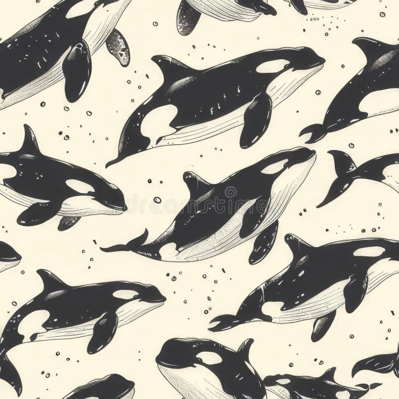 Playful Pattern Featuring Orca Illustrations in Black and White ...
