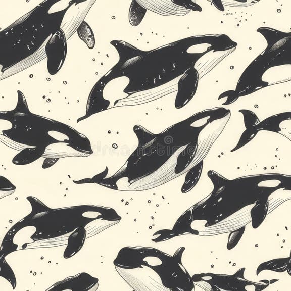 Playful Pattern Featuring Orca Illustrations in Black and White ...