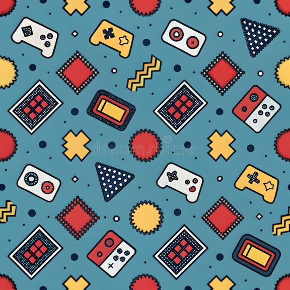 Playful Pattern of Game Controllers, Geometric Shapes, and Retro Stock ...