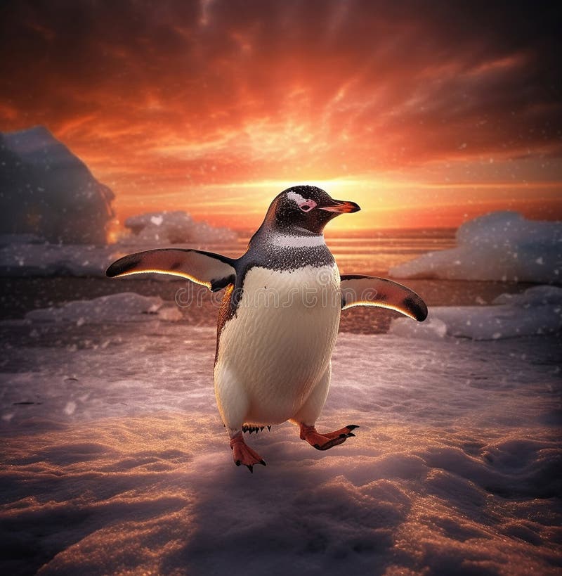 Playful Penguin.Penguin in Action at Sunset. AI Generated Stock Illustration - Illustration of ...