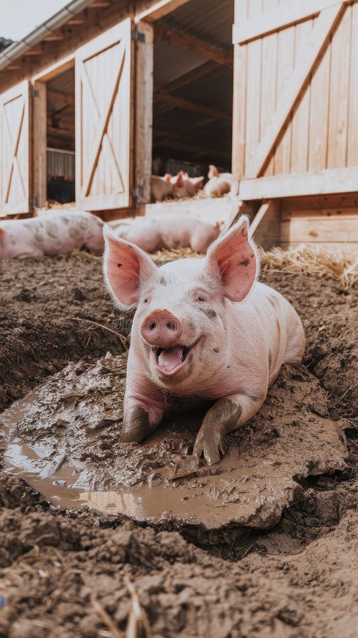 Playful Pig Smiling in Mud, Lying with Mouth Open in Joyful Pose Stock ...
