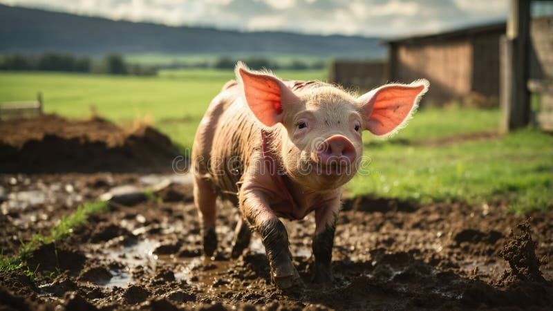 Adorable Pink Piglet Playing in the Mud on a Sunny Farm Stock ...