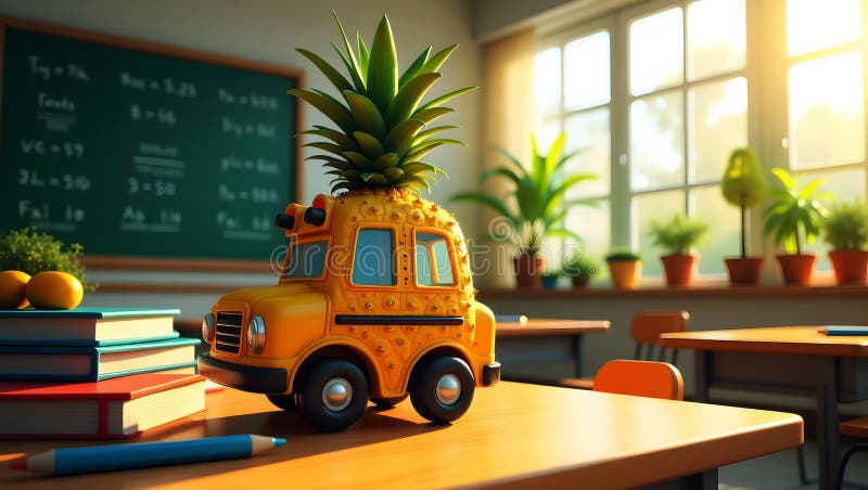 Playful Pineapple Bus on a Desk in a Bright Classroom with Books and ...