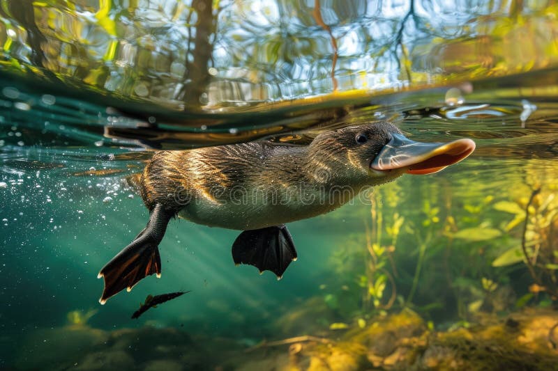 Playful Platypus Swimming Underwater in Sunlight AI Stock Photo - Image ...