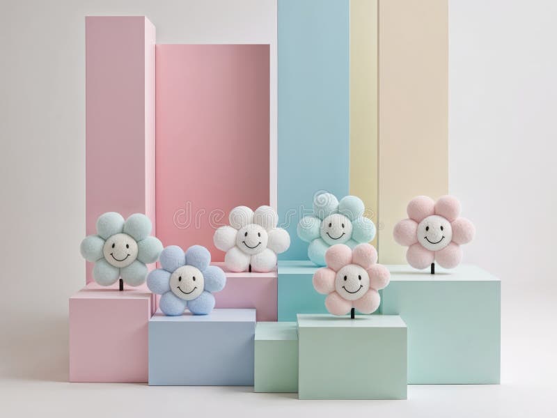 Playful Plush Flowers with Smiling Faces on Soft Pastel Blocks. Stock ...