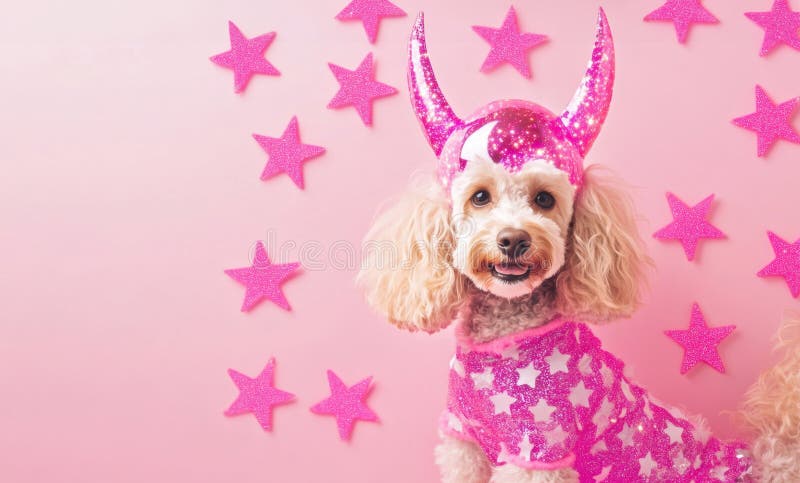 Playful Poodle in Sparkling Star Costume on Pink Background Stock Image ...