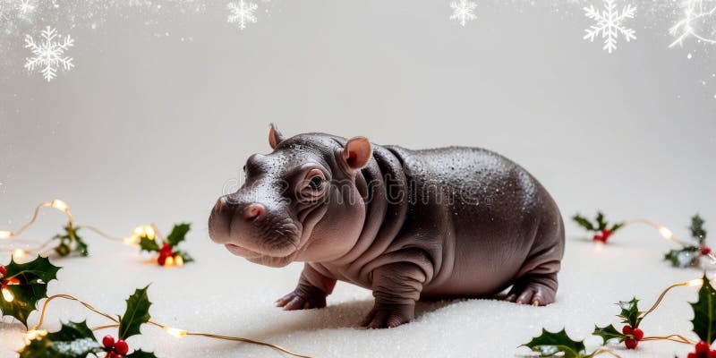 Playful Pygmy Hippo in Festive Winter Scene. Stock Image - Image of ...