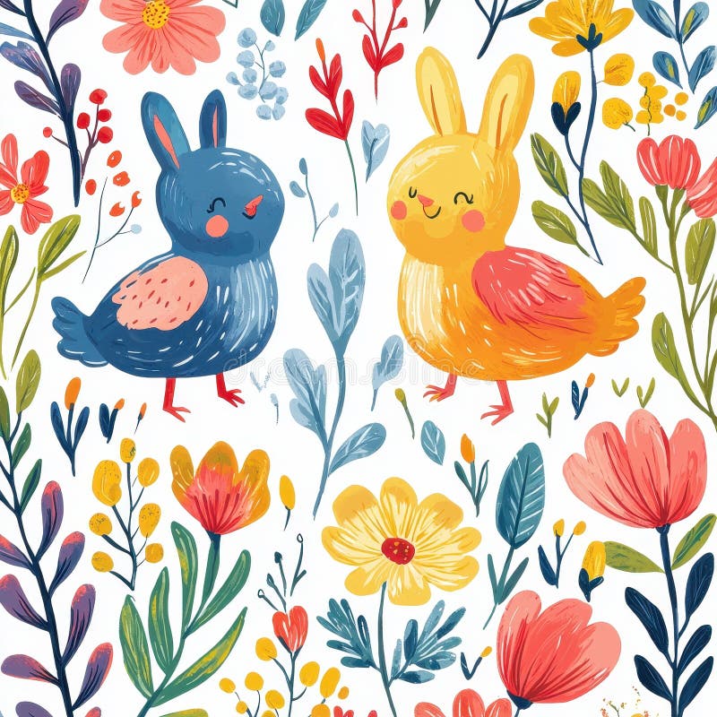 Playful Rabbit and Bird Illustration Surrounded by Colorful Flowers ...