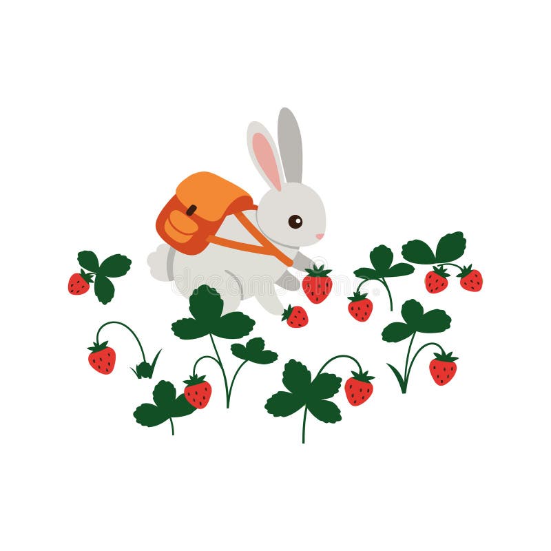 A Playful Rabbit Exploring a Strawberry Patch in Flat Vector Art Stock ...