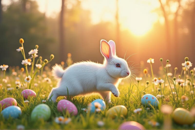 Playful Rabbit Hopping through Easter Egg Meadow at Sunrise Stock Image ...