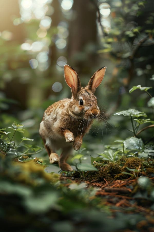 Rabbit Hops through Forest stock illustration. Illustration of moment ...