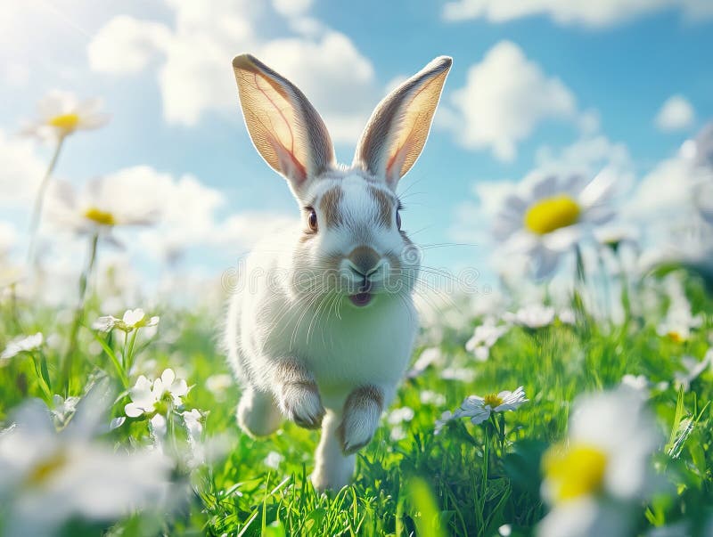 Playful Rabbit Hopping through a Sunny Wildflower Meadow in Spring ...