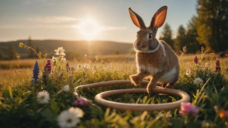 Adorable Bunny Rabbit Hopping in Sunset Meadow Stock Illustration ...