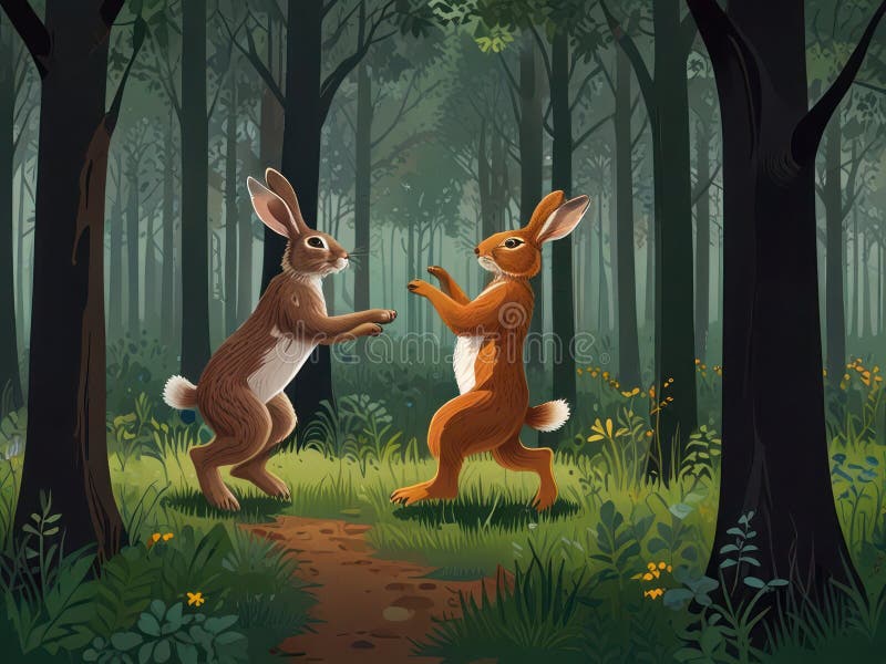 Playful Rabbits Interacting in a Peaceful Forest Setting Stock ...