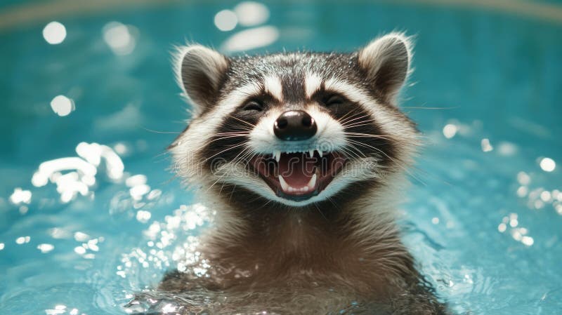 Playful Raccoon Enjoying a Swim in a Blue Pool Stock Photo - Image of ...