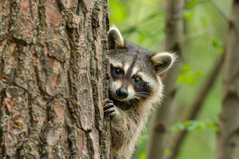 A Playful Raccoon Peeks Out from Behind a Tree. Stock Photo - Image of ...