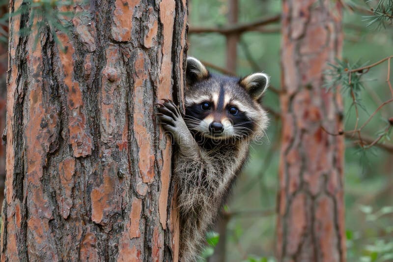 A Playful Raccoon Peeks Out from Behind a Tree. Stock Image - Image of ...
