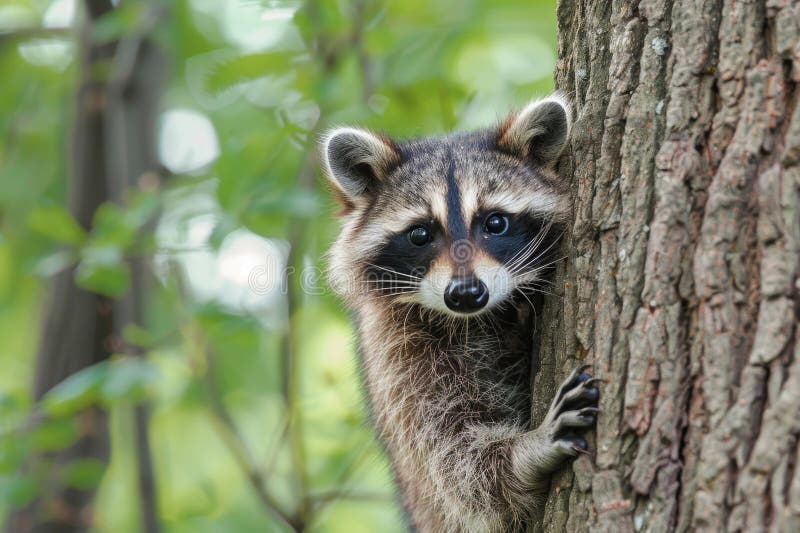 A Playful Raccoon Peeks Out from Behind a Tree. Stock Image - Image of ...
