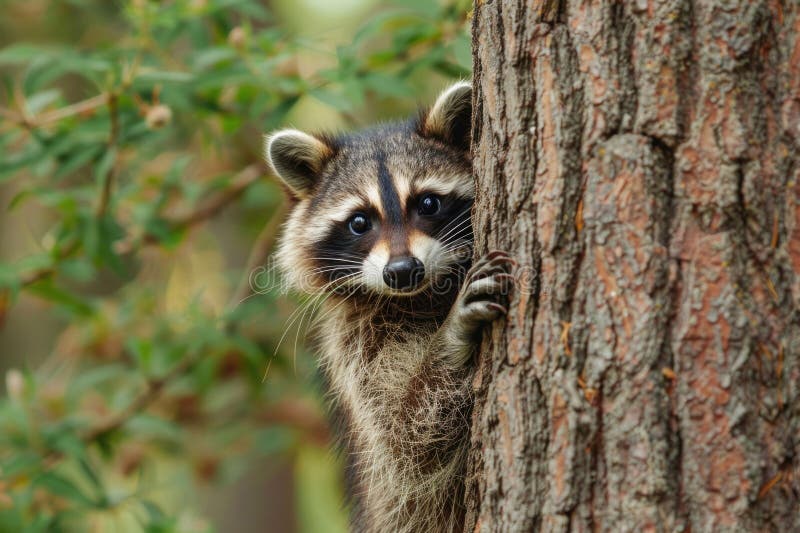A Playful Raccoon Peeks Out from Behind a Tree. Stock Photo - Image of ...