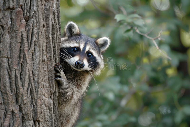 A Playful Raccoon Peeks Out from Behind a Tree. Stock Image - Image of ...