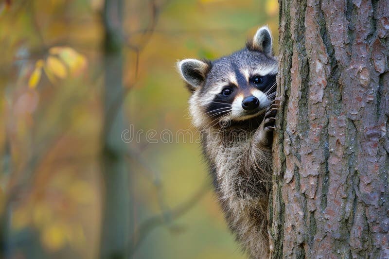 A Playful Raccoon Peeks Out from Behind a Tree. Stock Illustration ...