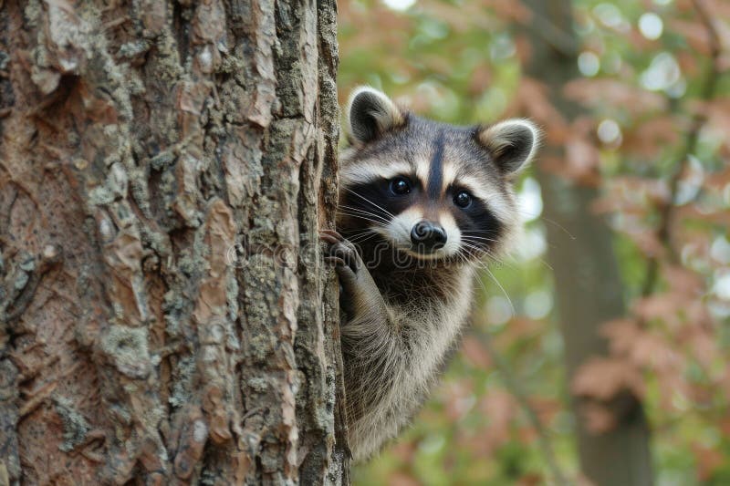 A Playful Raccoon Peeks Out from Behind a Tree. Stock Photo - Image of ...