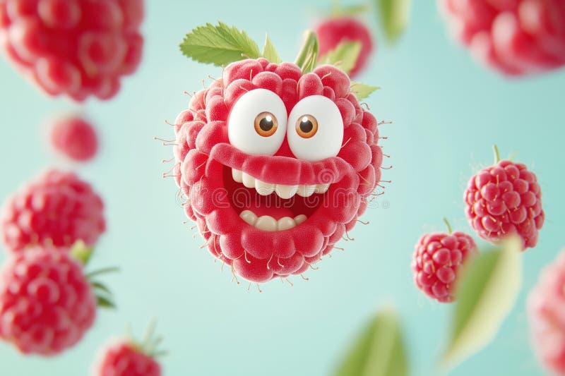 Playful Raspberry Character Floats Joyfully in Vibrant Light Blue ...