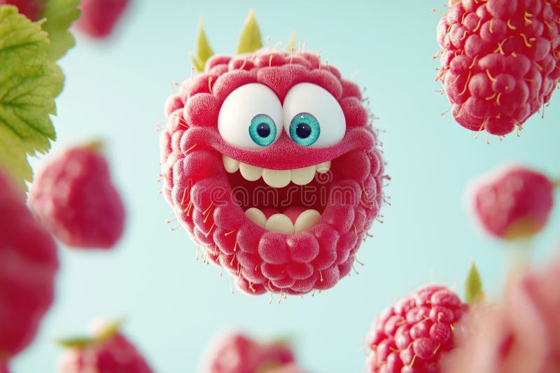Playful Raspberry Character Floats Joyfully in Vibrant Light Blue ...