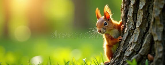 Playful Red Squirrel Peeking from Behind a Tree Trunk, Fall, Peeking ...