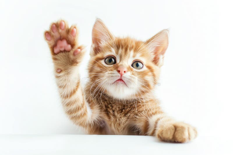 Playful Red Tabby Cat Lifting Up Paw Isolated on White Background Stock ...