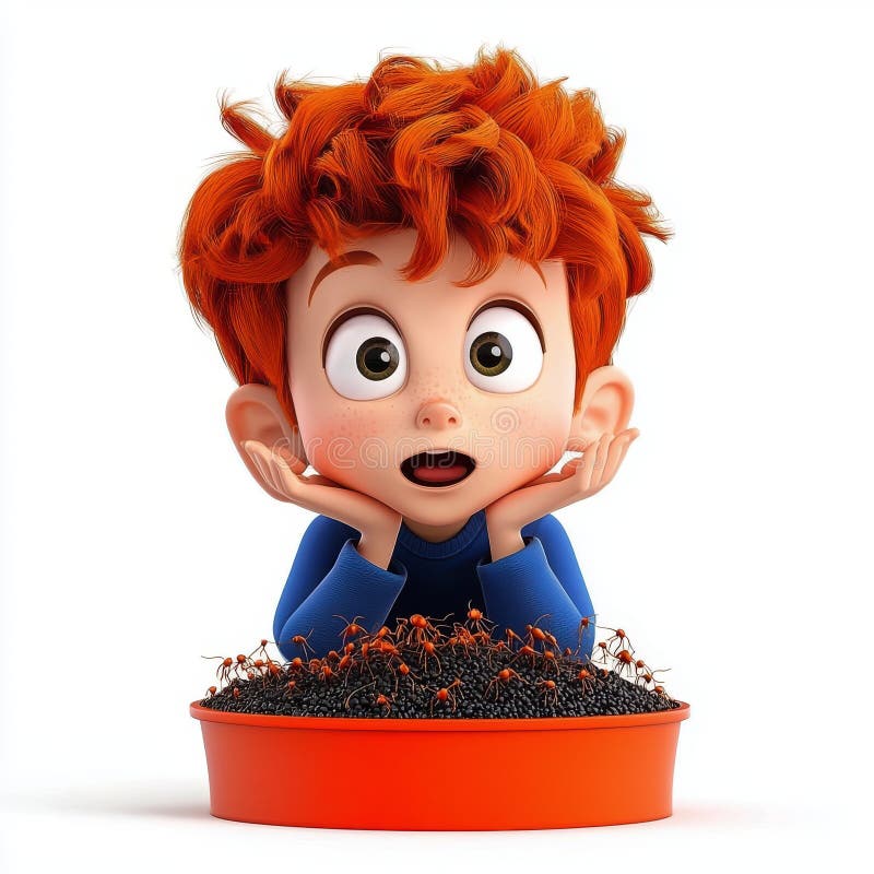 Playful Redhead Boy Leaning Over Small Dark Objects in Red Container ...