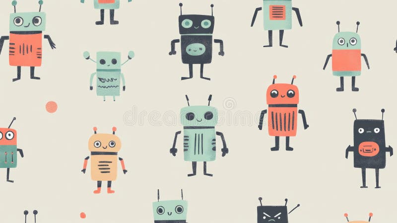 Playful Robot Pattern Featuring Colorful Designs on a Light Background ...