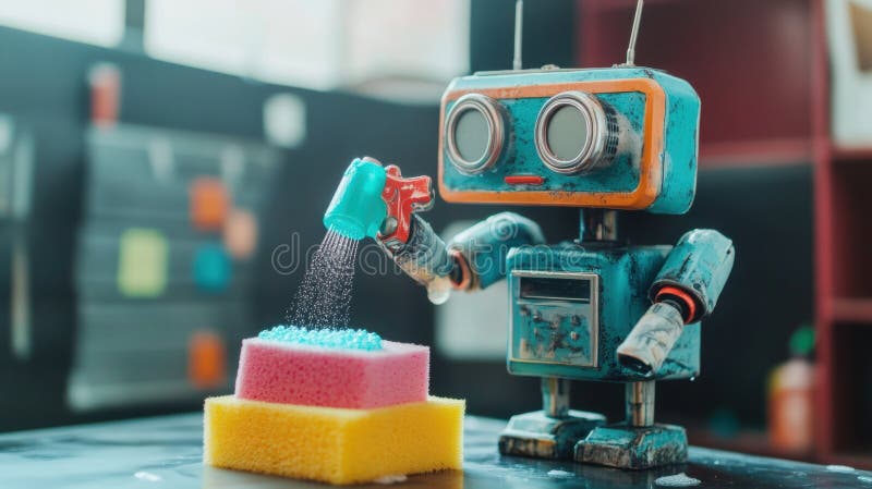 Playful Robot Spraying Cleaning Solution on a Sponge Stock Illustration ...