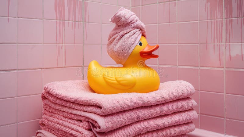 Playful Rubber Duck in Bathroom with Pink Tiled Wall and Towels Stock ...