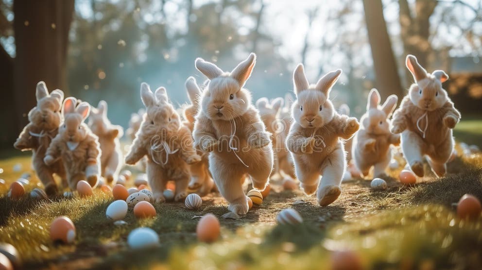 Playful Scene of Easter Bunnies Which Running for Easter Eggs. Hunt ...