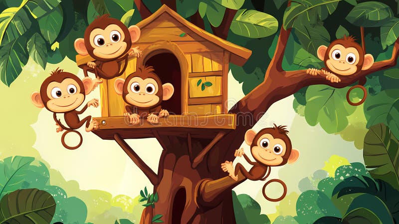 A Playful Scene Featuring Cartoon Monkeys Around a Treehouse in a ...