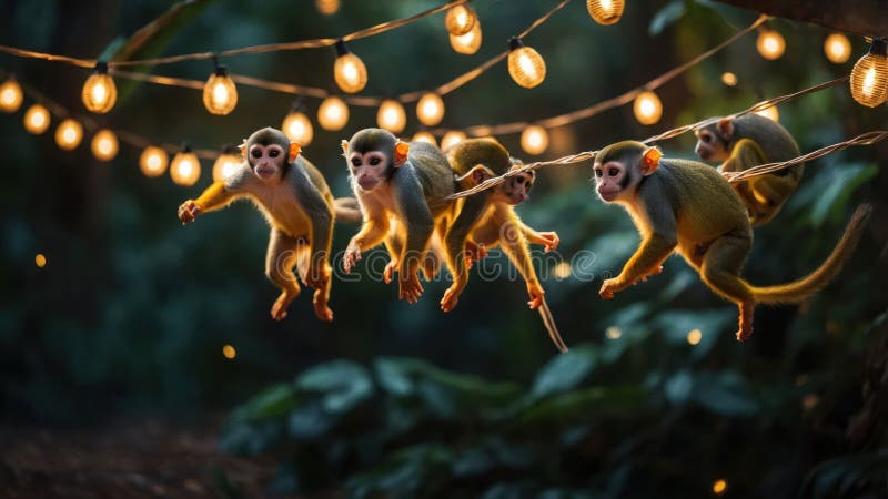 Adorable Baby Monkeys Playing on Fairy Lights at Night Stock ...