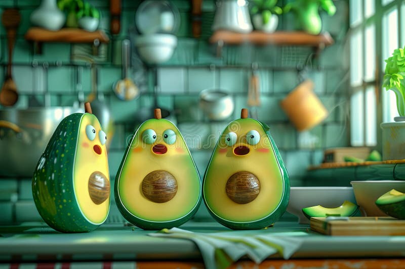 Playful Scene of Three Animated Avocado Characters with Expressive ...