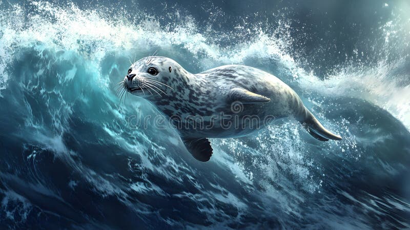 A Playful Seal Diving in the Waves of the Sea Stock Illustration ...