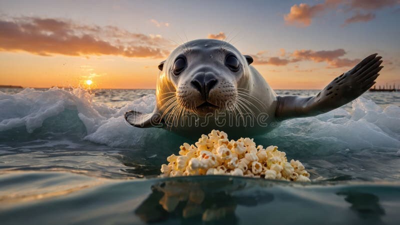 Adorable Seal Pup Enjoys Sunset Popcorn Snack at the Beach Stock ...