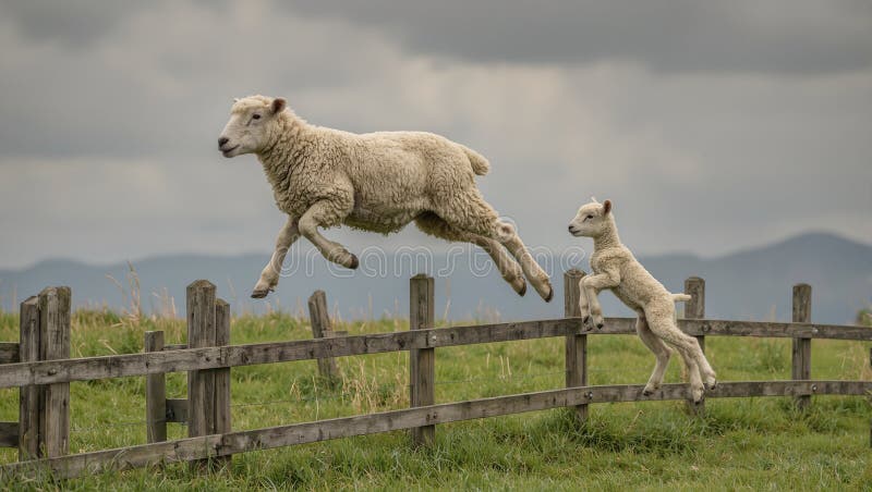Playful Sheep Leaping Over Fence with Lamb Mimicking Stock Illustration ...